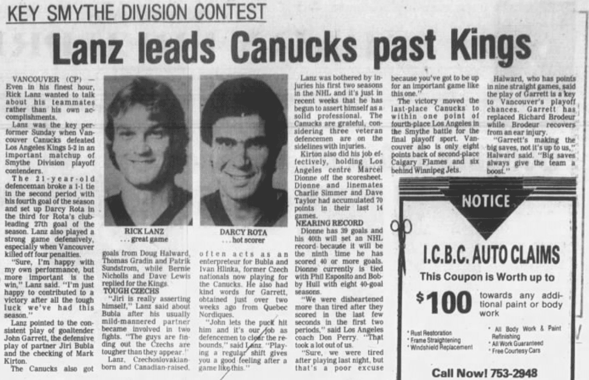 Throwback Thursday: On this day in 1983, Rick Lanz led Vancouver ...